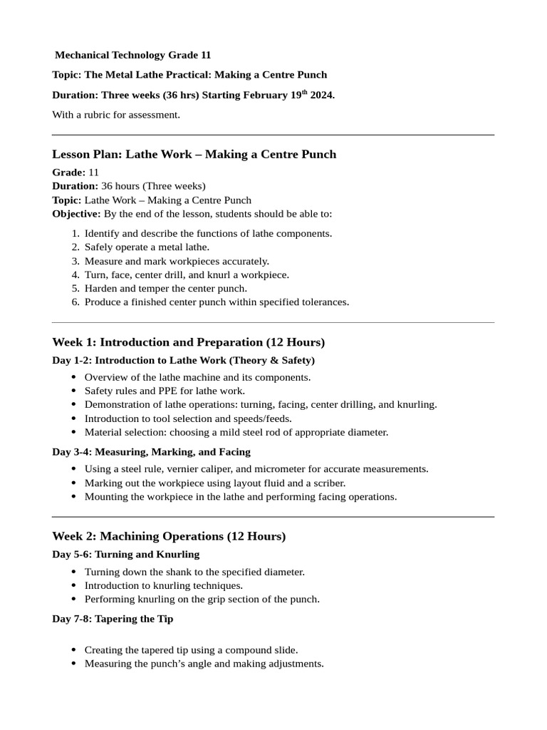 Metal Lathe Practical Lesson Plan | PDF | Machining | Mechanical ...
