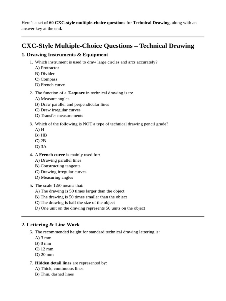 CXC Technical Drawing MCQs with Answers | PDF | Screw | Technical Drawing