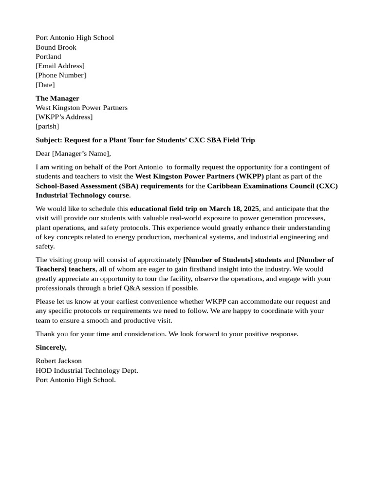 CXC Field Trip Request to WKPP | PDF