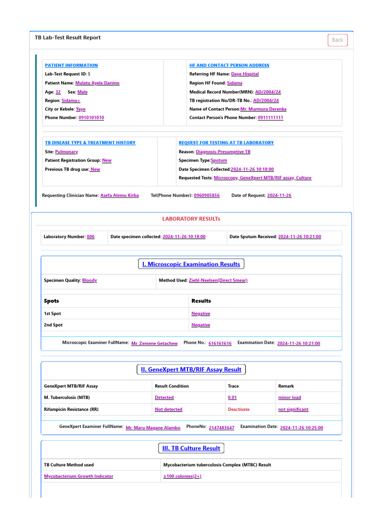 GeneXpert TB Test Results for Mulatu Ayele | PDF | Medicine | Health Care