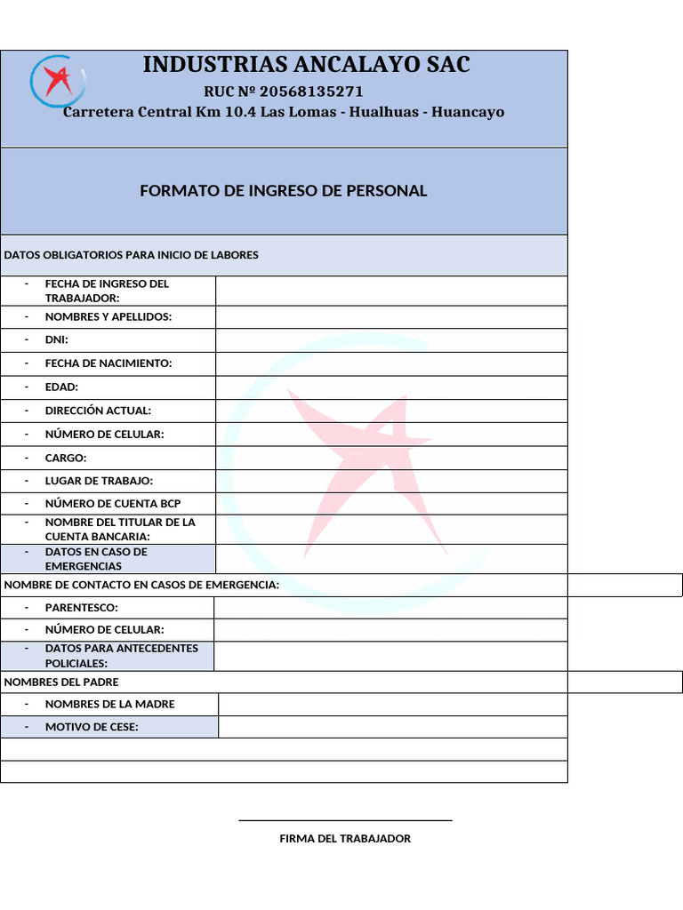 FORMATO DE INGRESO DE PERSONAL | PDF