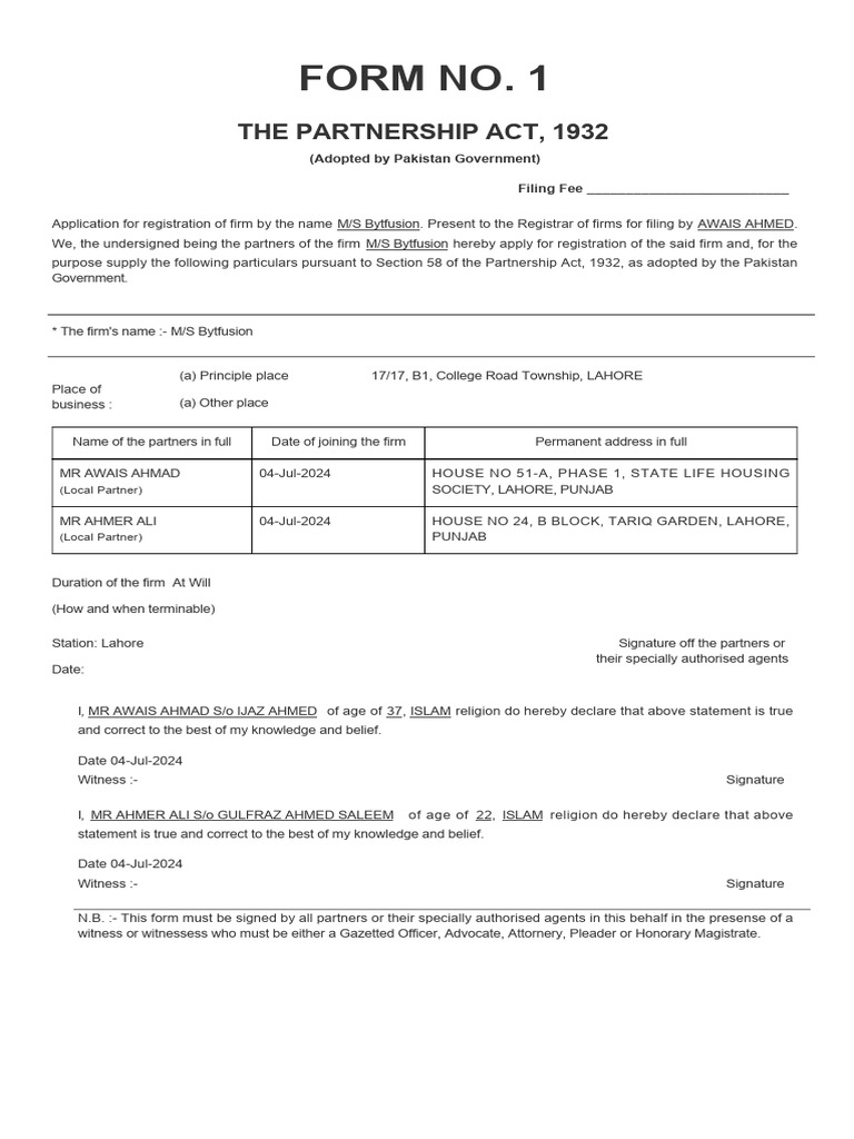 Partnership Firm Form 1 Print | PDF