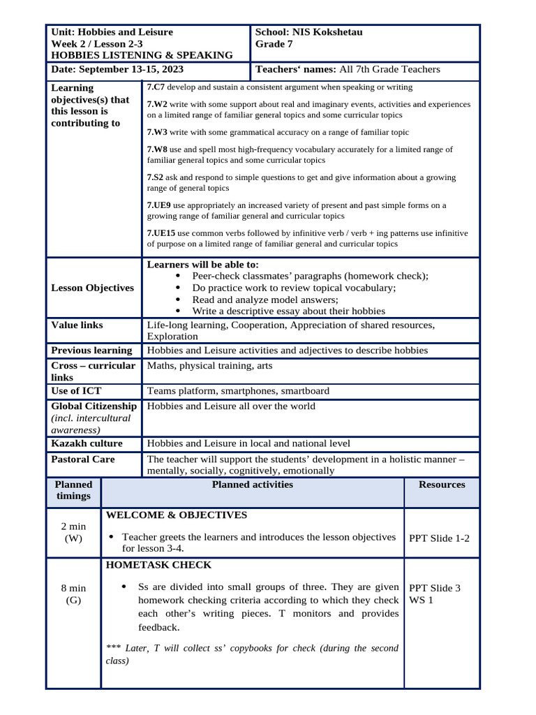 English - Grade 7 - Unit 1 - Hobbies and Leisure - Lesson Plan | PDF ...