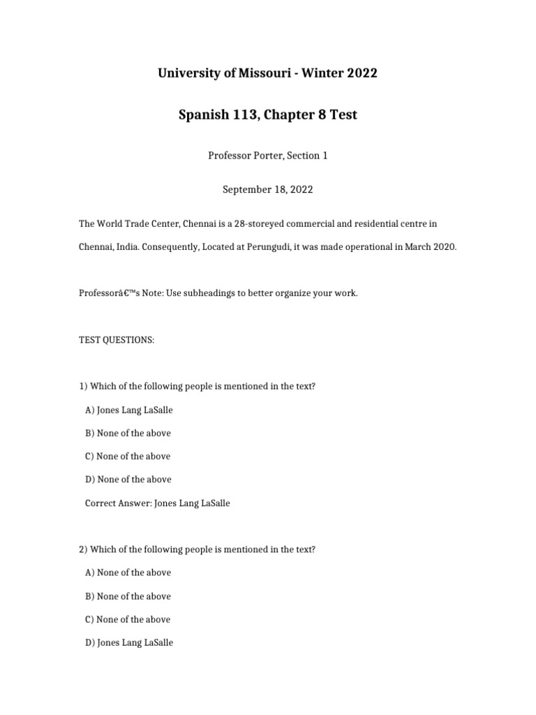 Spanish 113 Chapter 8 Test Overview | PDF