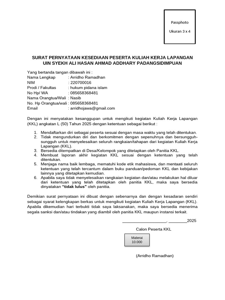 SURAT KESEDIAAN KKL 2025 | PDF