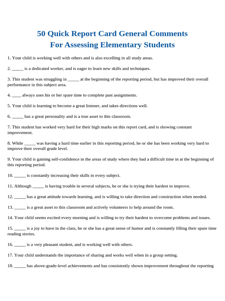 Quick Report Card Comments Guide | PDF | Homework | Teachers