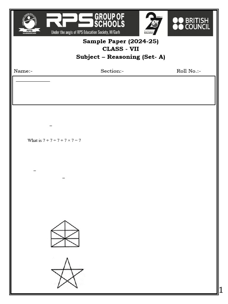 7th Reasoning (Set-A) Sample Paper Term-2 | PDF