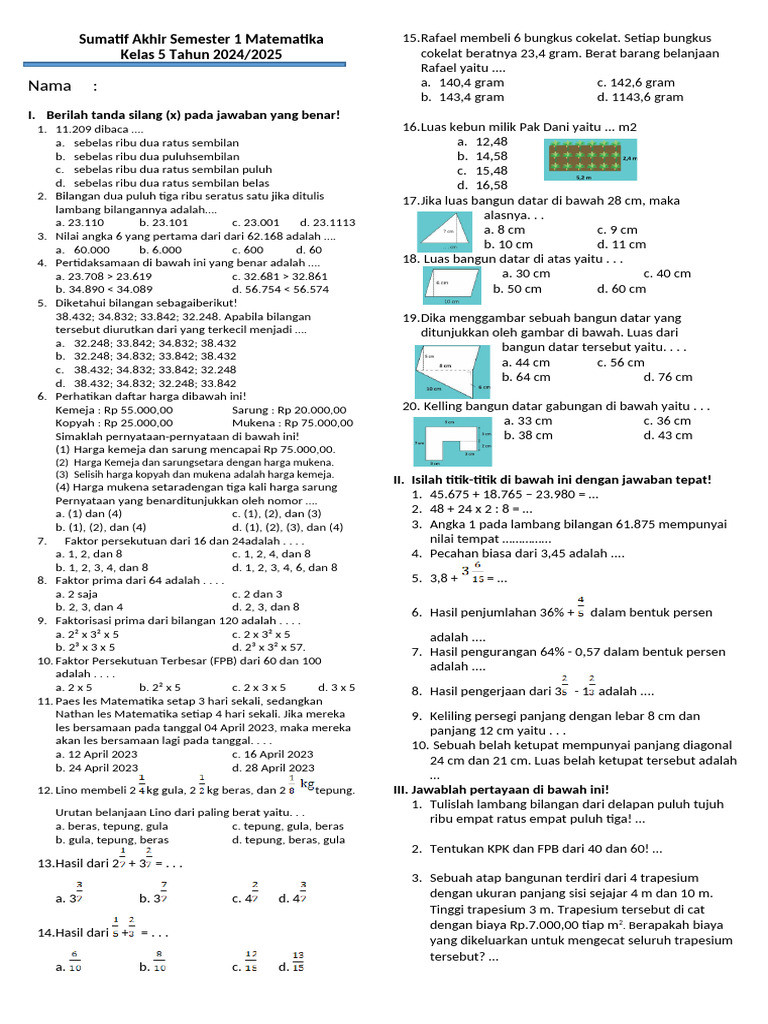 Soal Sumatif Matematika Kelas 5 Semester 1 | PDF
