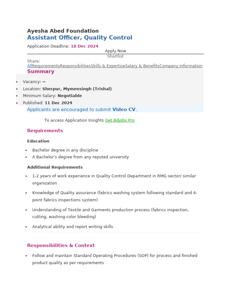 Ayesha Abed Foundation, Sherpur. | PDF | Employment | Textiles