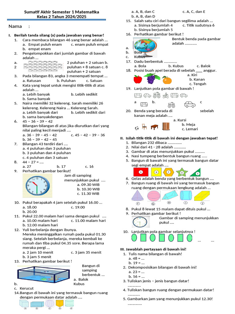 Soal Sumatif Matematika Kelas 2 | PDF