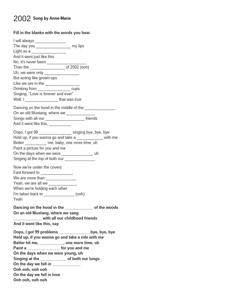 2002 Song Lyrics by Anne-Marie | PDF
