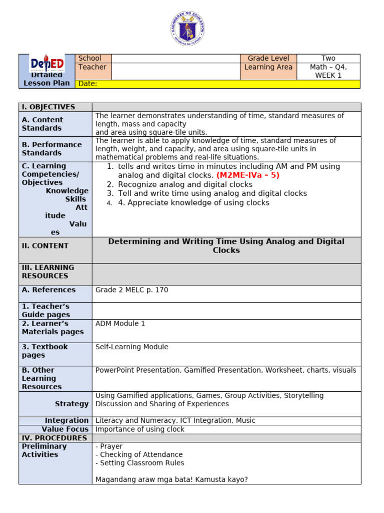 Grade 2 Math Lesson Plan: Time Concepts | PDF | Learning | Lesson Plan