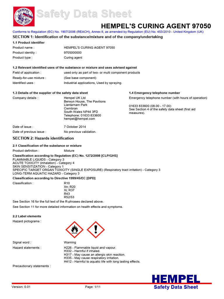 Hempathane HS 55610 Curing Agent Safety Data Sheet | PDF | Toxicity ...