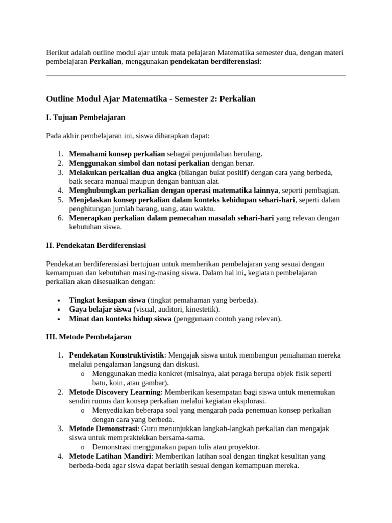 Berikut Adalah Outline Modul Ajar Untuk Mata Pelajaran Matematika Semester Dua | PDF