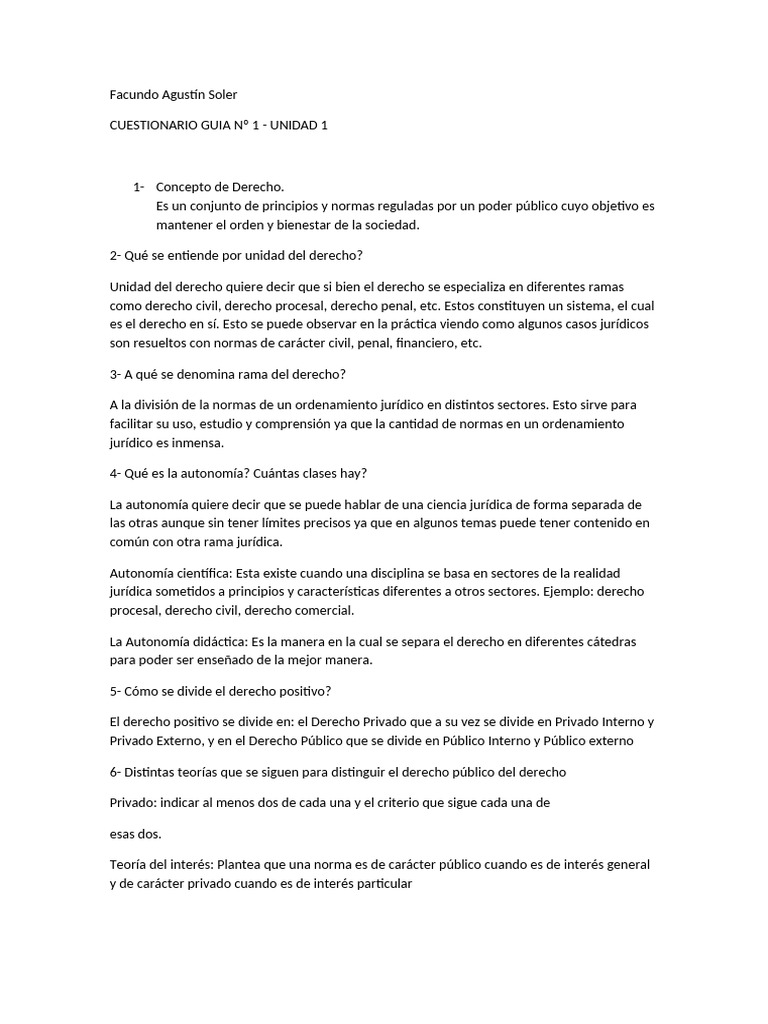 CUESTIONARIO GUIA #1 - UNIDAD 1-Facundo Agustín Soler | PDF | Ley Pública | Ley procesal