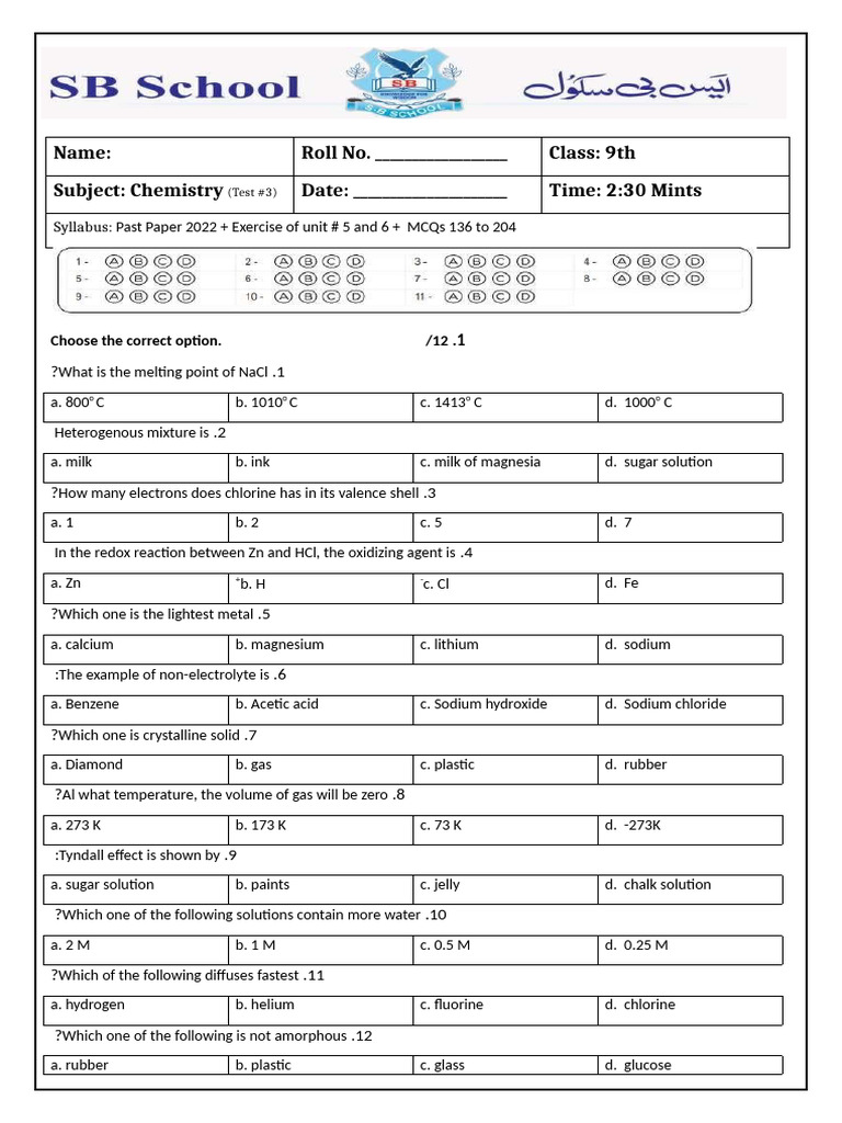 9th Chem 3rd Test Round # 2 | PDF | Chlorine | Chemical Bond