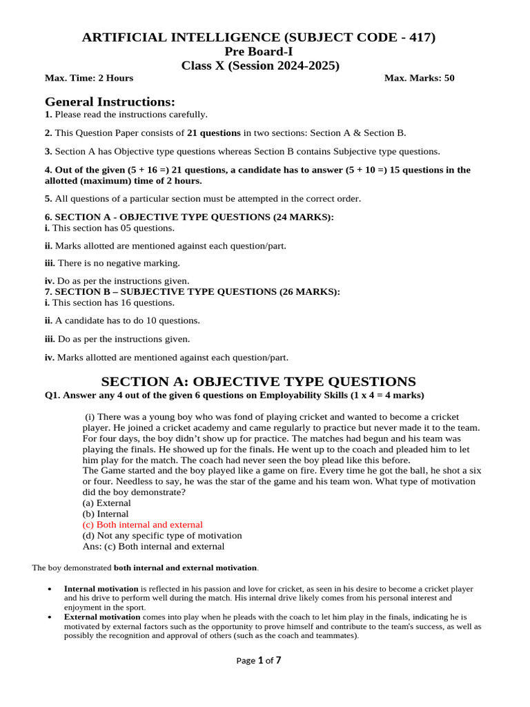 10 - ARTIFICIAL INTELLIGENCE - PreBoard-I - 2024-25 - 02 - AnswerKey ...