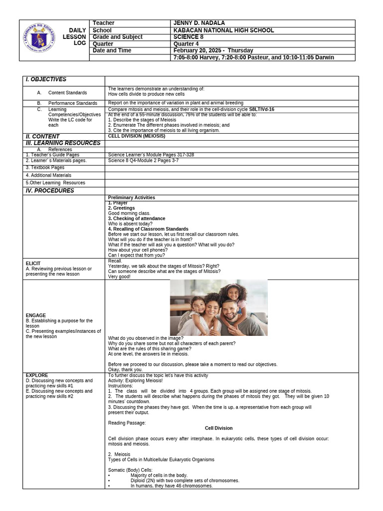 SCI8-Q4-M2-DLP-MEIOSIS-Feb 20 | PDF | Meiosis | Chromosome