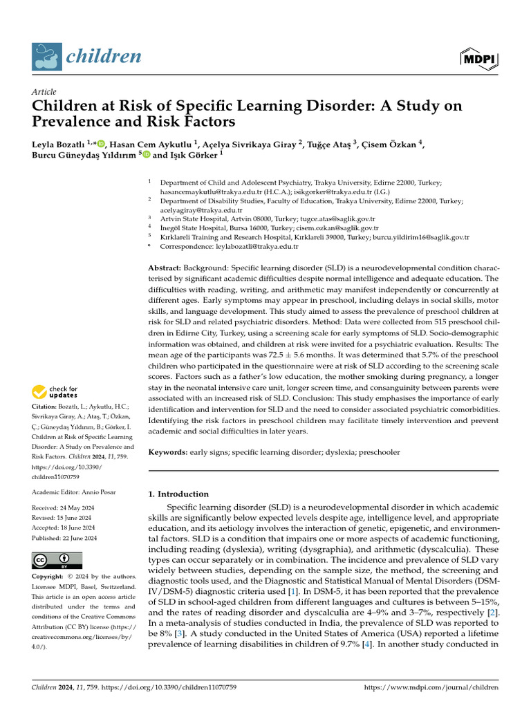 Children at Risk of Specific Learning Disorder | PDF | Learning Disability | Mental Disorder