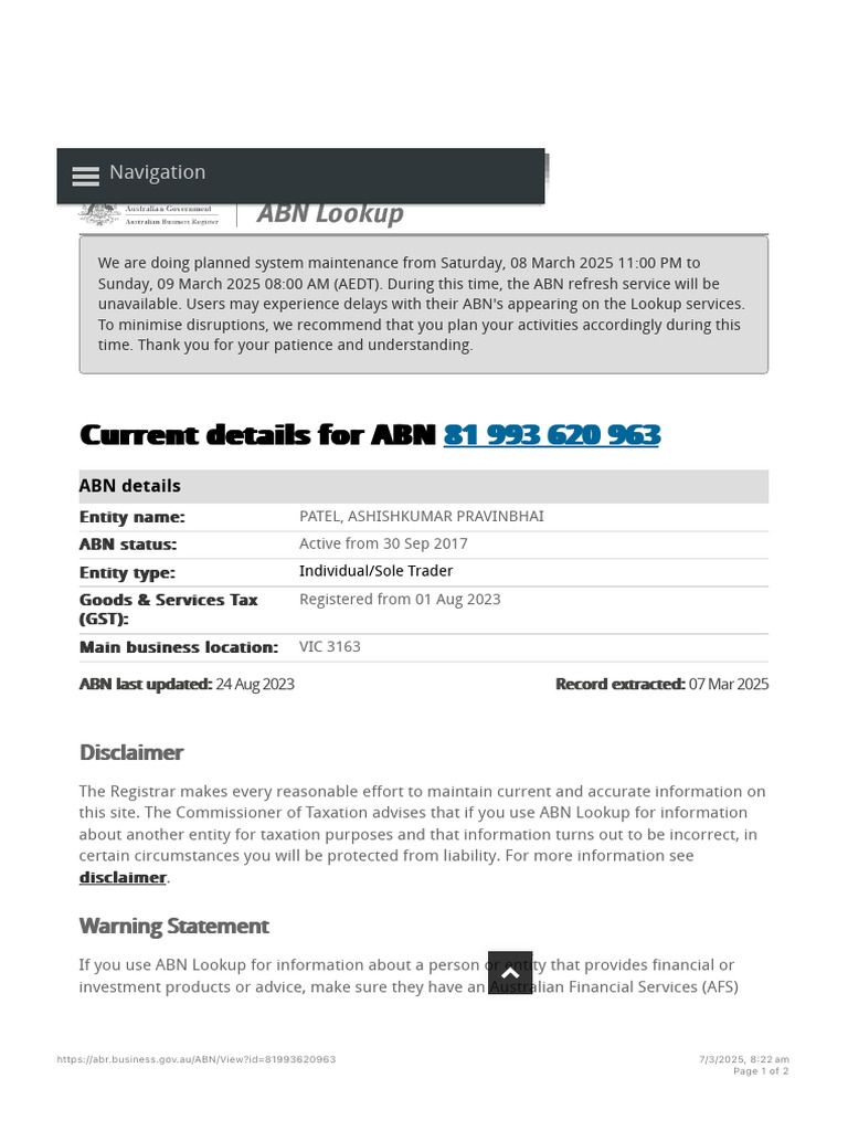 Current Details For ABN 81 993 620 963 - ABN Lookup | PDF | Taxes ...