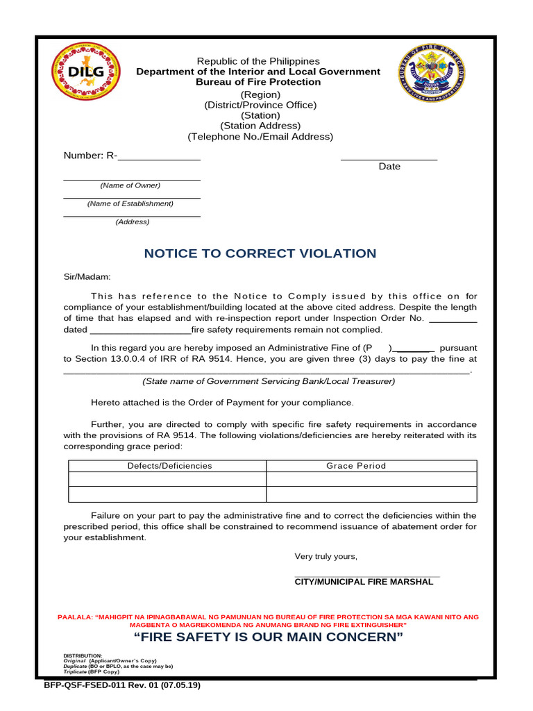 FSED 011 Notice To Correct Violation (NTCV) REV 1 | PDF