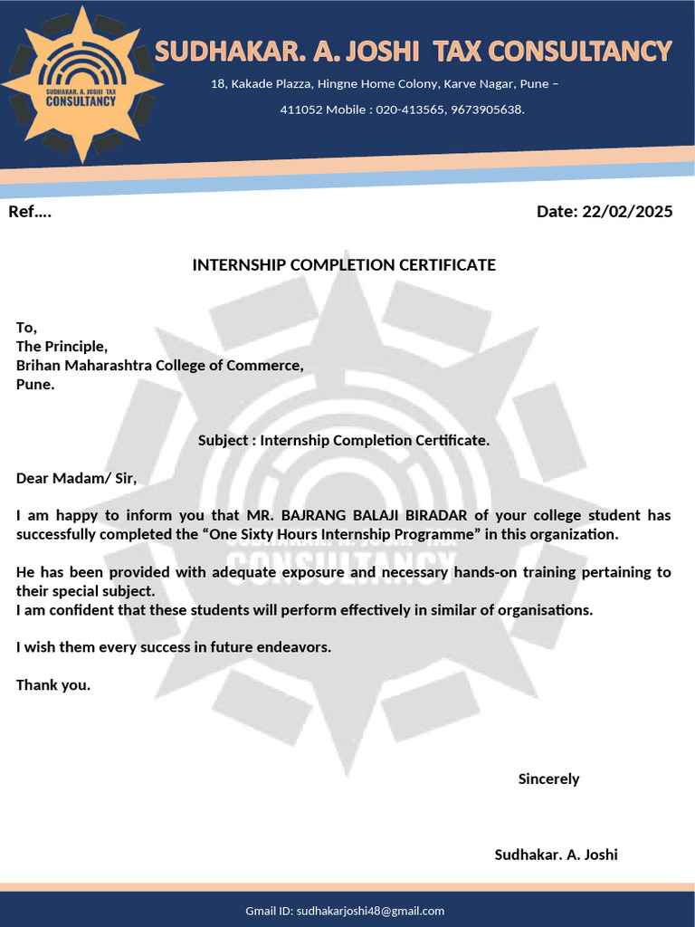 Internship Completion Certificate for Bajrang Biradar | PDF