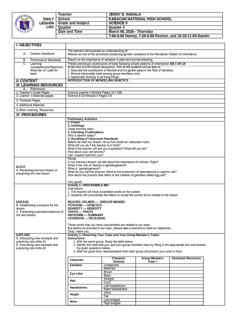 SCI8-Q4-M4-DLP-Mendelian Gen. March 7 | PDF | Dominance (Genetics) | Heredity