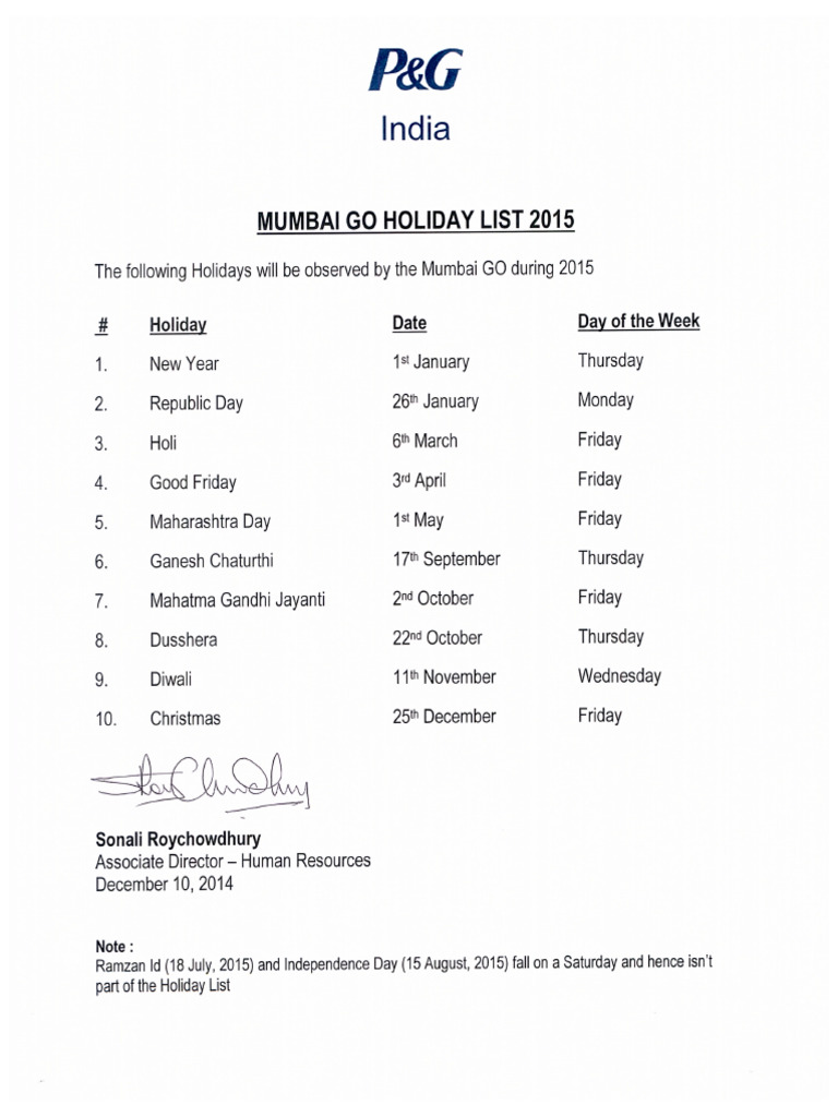 Holiday List 2015 | PDF