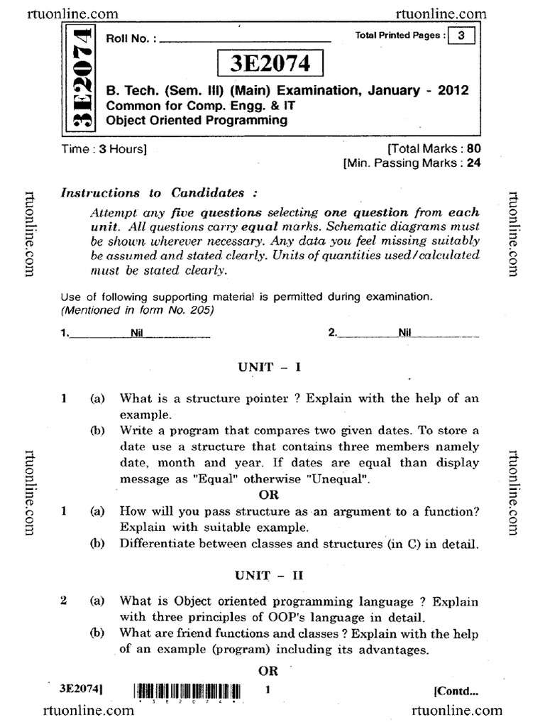 Btech Cs It 3 Sem Object Oriented Programming 3e2074 Jan 2012 | PDF