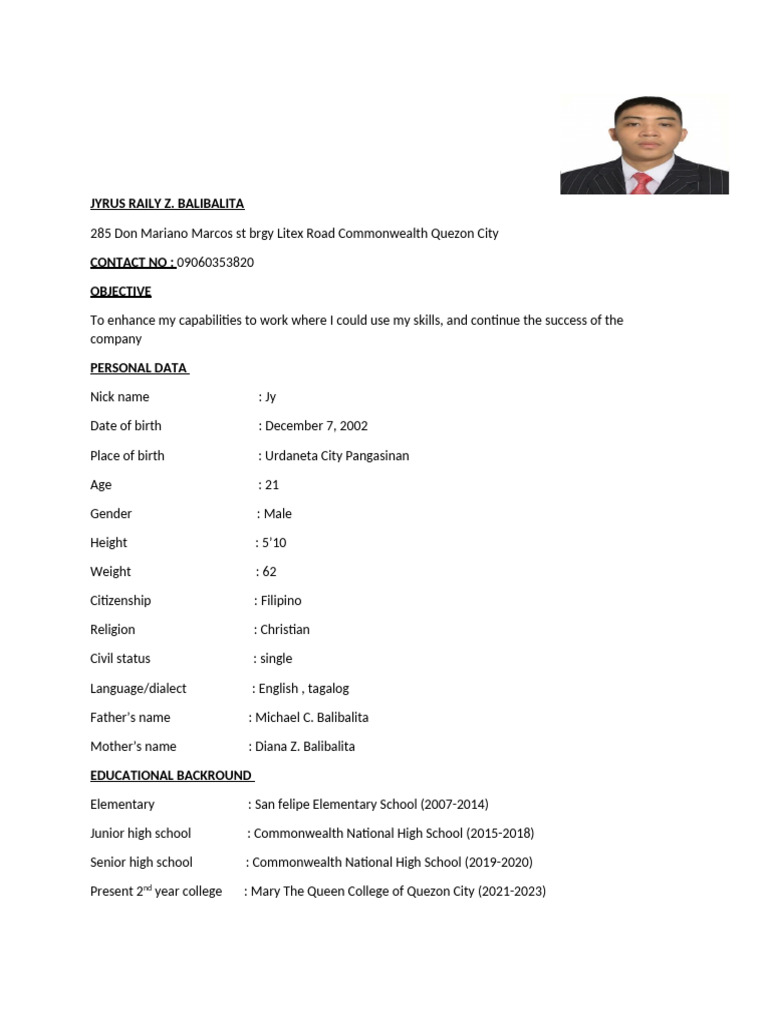 Jyrus Raily Z. Balibalita's Resume | PDF
