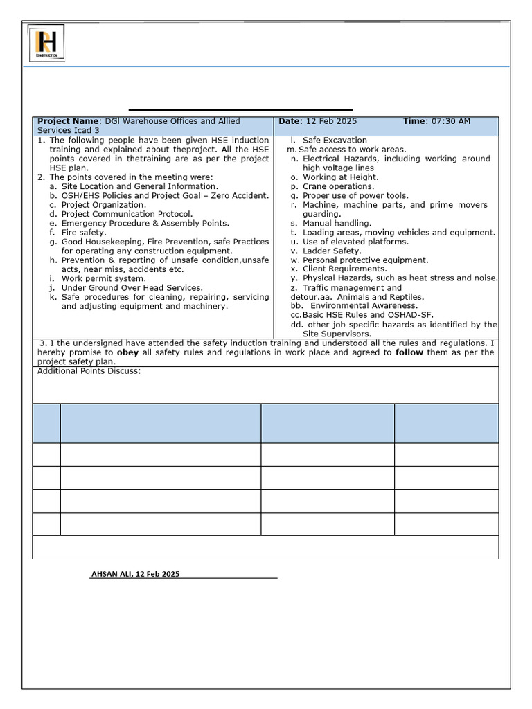 HSE Site Induction Record for DGl Project | PDF | Safety | Occupational ...