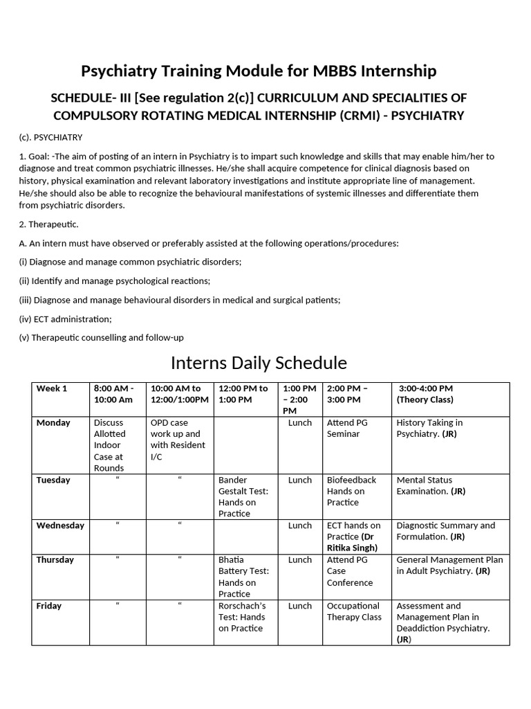 Psychiatry Internship Schedule for MBBS | PDF | Psychiatry | Medical ...