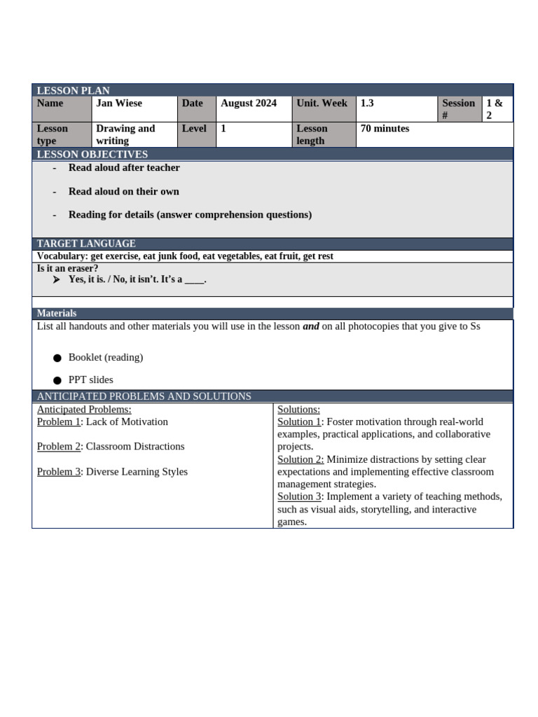 Weekly Writing Lesson Plan for Grades 1-2 | PDF | Reading Comprehension | Education Theory