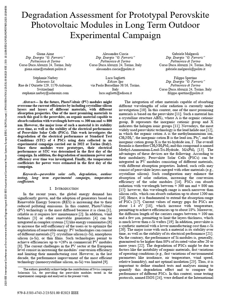 Degradation Assessment For Prototypal Perovskite Photovoltaic Modules ...