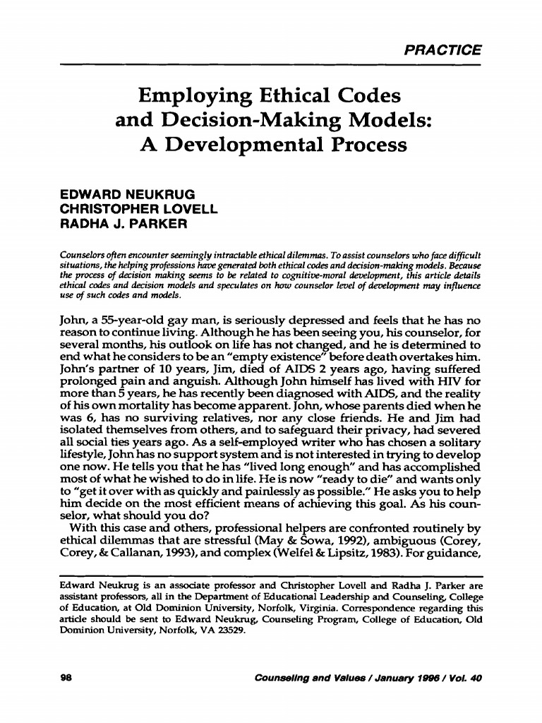Employing Ethical Codes and Decision Mak | PDF | Counseling Psychology ...