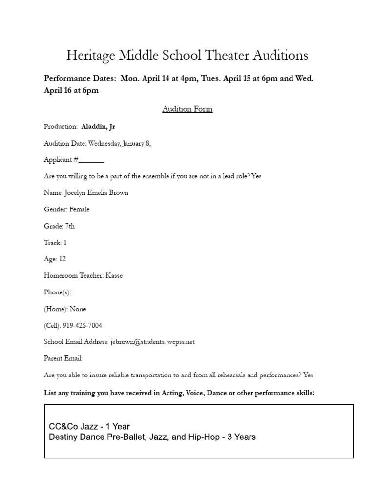 HMS Musical Audition Form | PDF
