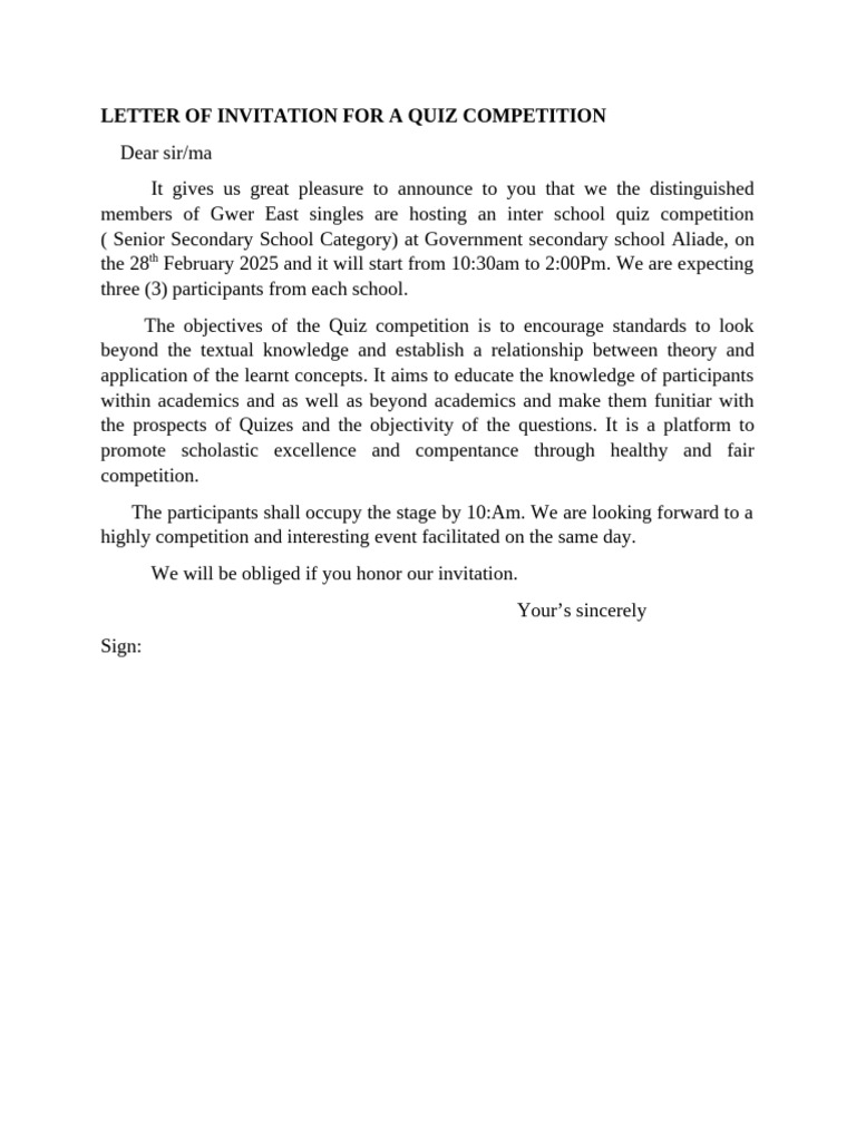 Letter of Invitation For A Quiz Copetition | PDF