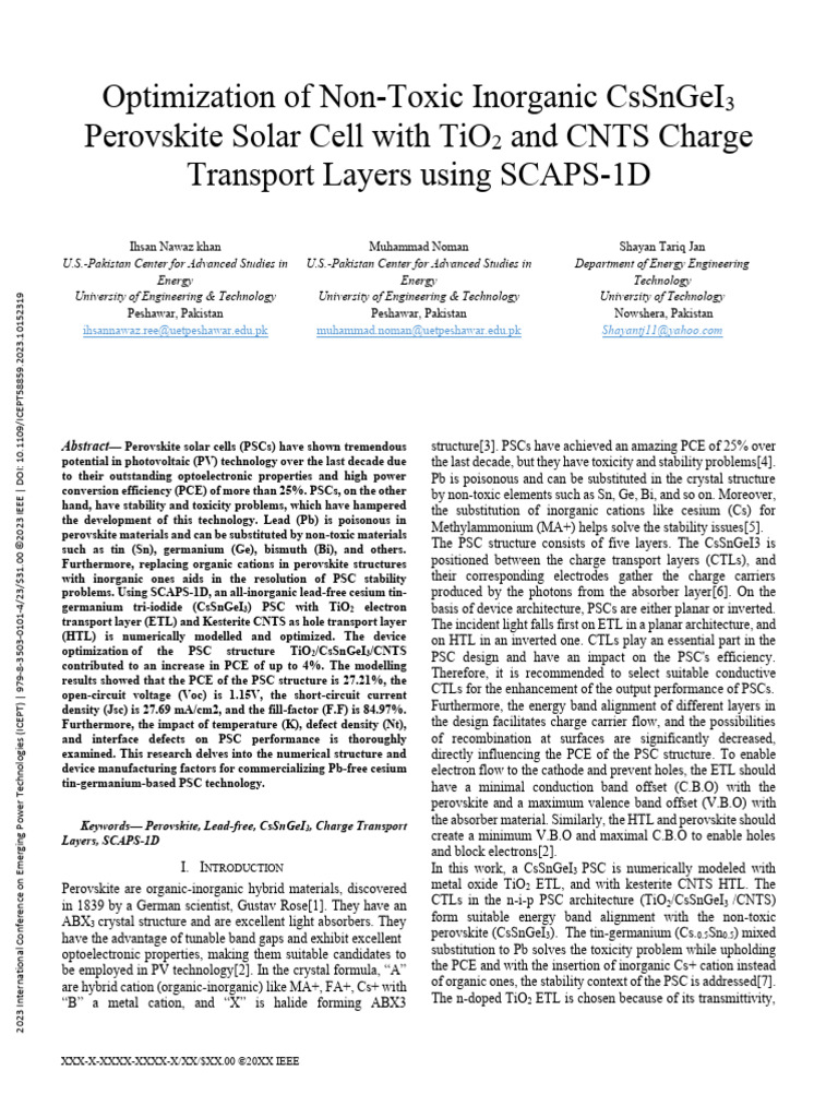 Optimization of Non-Toxic Inorganic CsSnGeI3 Perovskite Solar Cell With ...