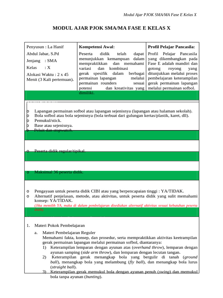 03 MODUL AJAR PERMAINAN SOFBOL _27_07_2021_OKE conv | PDF