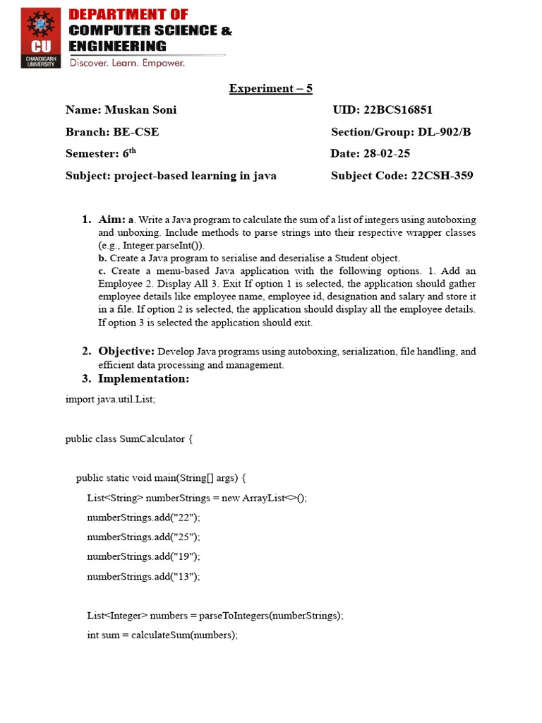 22BCS16851 Muskan Soni Java 5 | PDF | Java (Programming Language) | Software