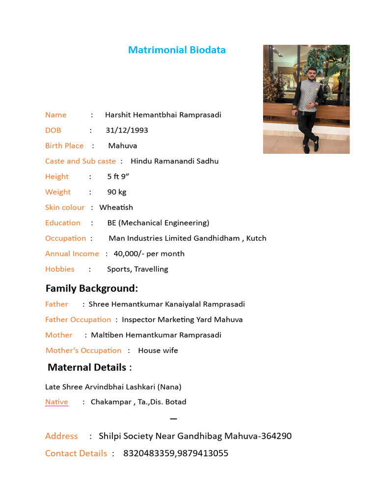 Hindu Matrimonial Biodata for Harshit | PDF