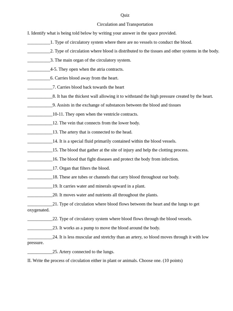 Quiz Circulation and Transportation | PDF
