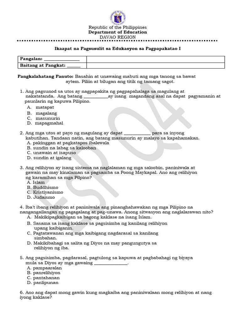 Quarterly Test - Q4 EsP 1 | PDF