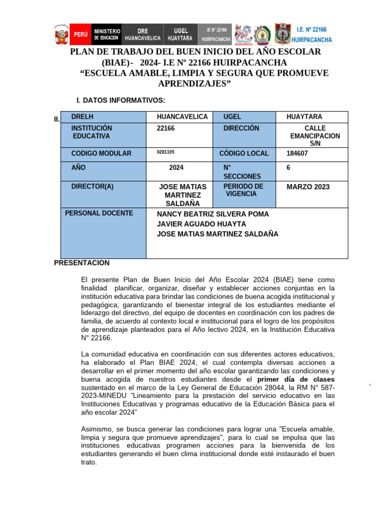Plan BIAE 2024: Buen Inicio Escolar | PDF | Educación primaria | Escuelas