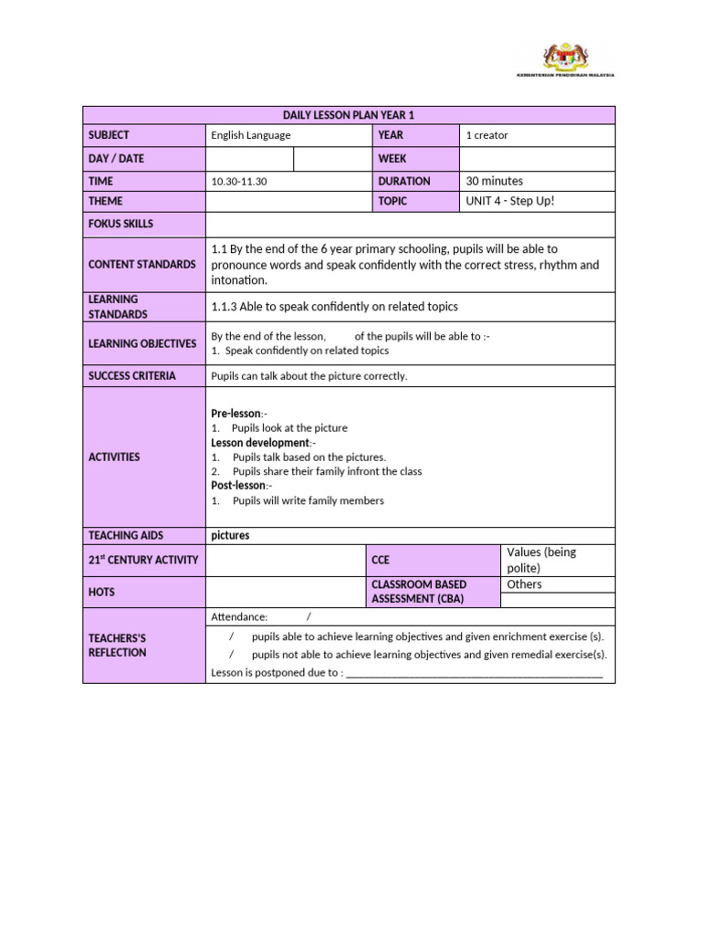 RPH BI YEAR 2-Unit 1 (w1-2) | PDF | Lesson Plan | Teachers