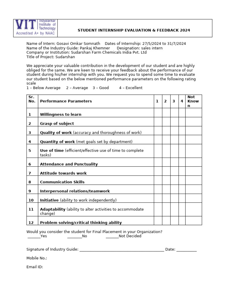Internship Evaluation Feedback Form 2024 | PDF