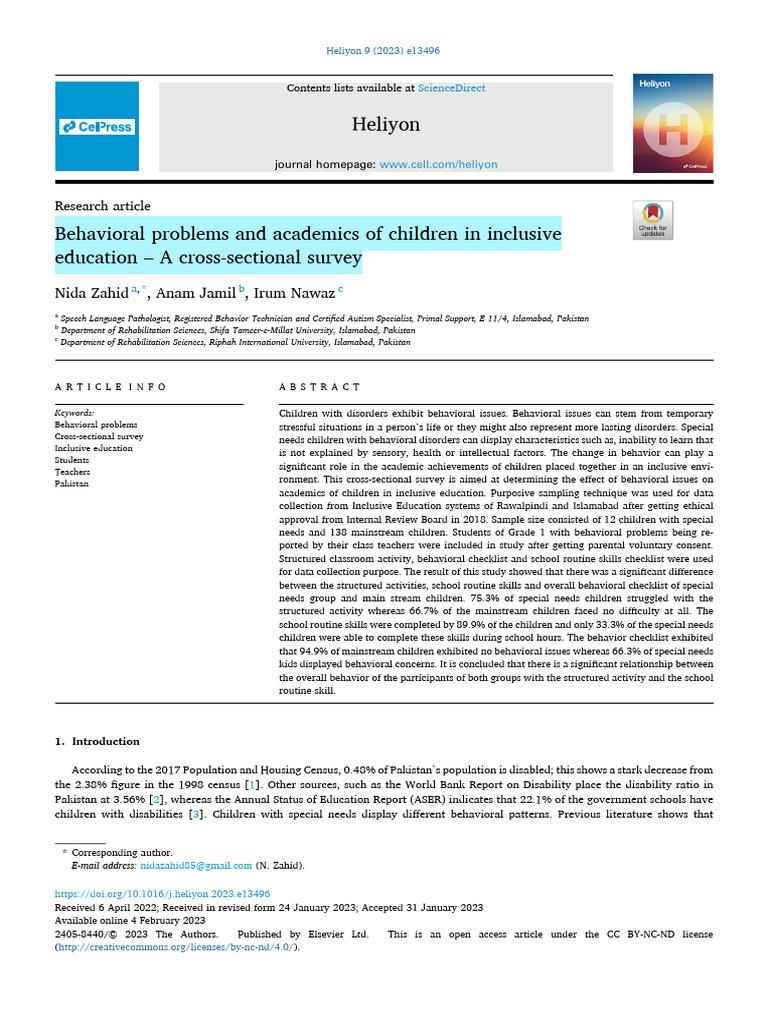 Behavioral Problems and Academics of Children in Inclusive Education ...