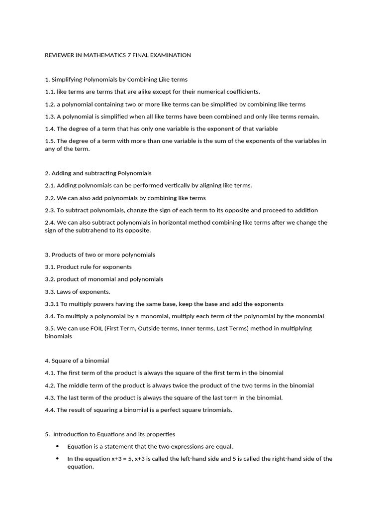 Mathematics 7 Final Exam Review Guide | PDF | Equations | Polynomial