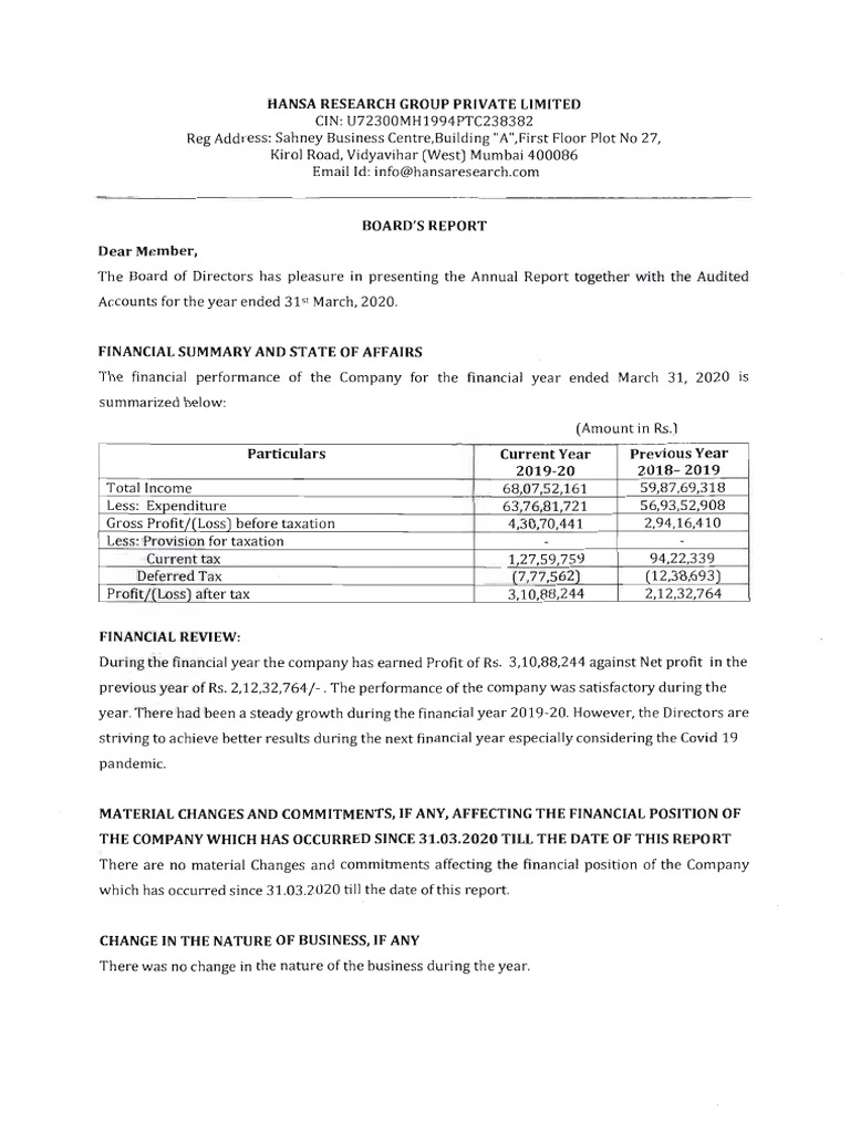 Hansa Research Group Private Limited Fy 19-20 | PDF