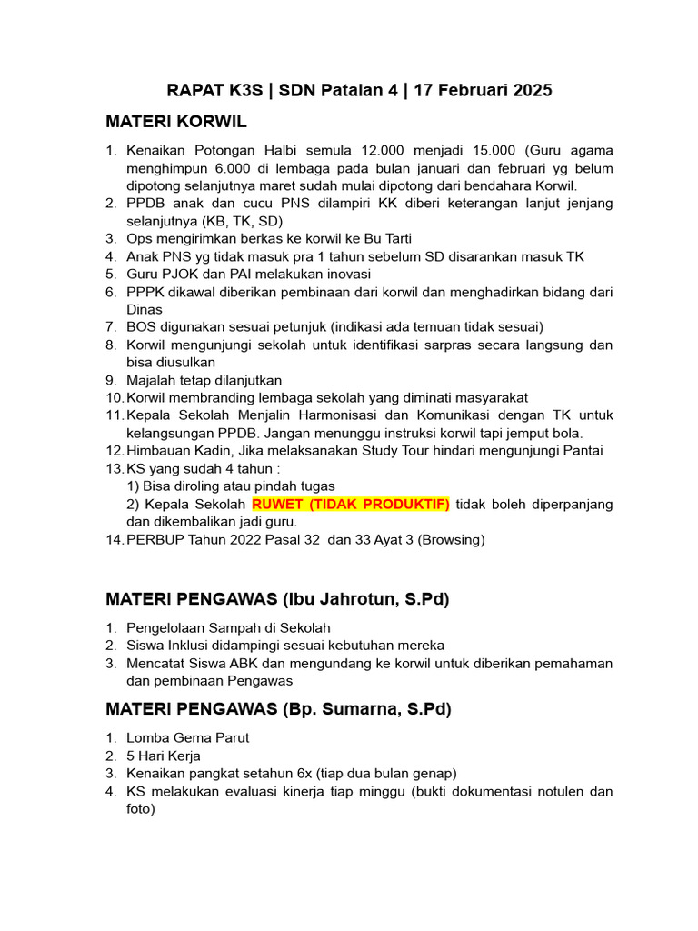 Hasil RAPAT K3S 17 Februari 2025 | PDF